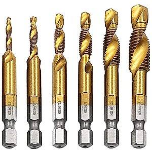 Bestgle 6 Packs Hex Shank Titanium Coated Countersink Tap Drill Bit Set, HSS Screw Thread Metric Combination Tap Drill, M3-M10