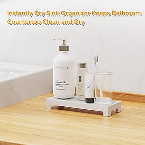 Sink Caddy, EnjoyNest Instant Dry Sink Organizer Sponge Soap Holder for Kitchen Sink Bathroom Countertop Fast Drying Rack Counter Tray Water Absorbing Stone Pedestal Stand Riser for Bottle Brush-White