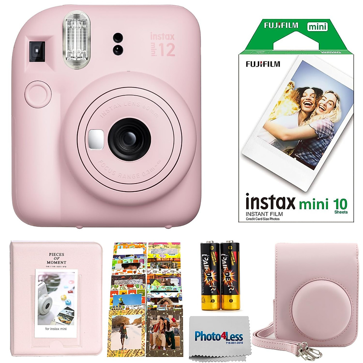 FUJIFILM INSTAX Mini 12 Instant Film Camera (Blossom Pink) Bundle with Fuji Instax Instant Film Single Pack, 10 Prints | Protective Case Pink | Photo Album Pink | Travel Stickers (6 Items)