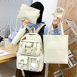 MIFJNF 4Pcs Kawaii Backpack Cute Backpack for School Aesthetic Backpack Kawaii School Supplies Backpack Set with Accessories (White)