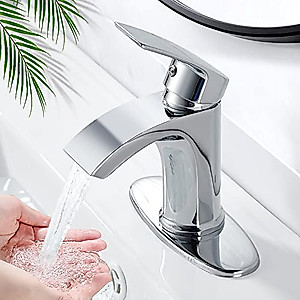 Solepearl Waterfall Bathroom Faucet Chrome, Modern Single Handle Single Hole Bathroom Sink Faucet Flat Spout, 1 or 3 Holes Lavatory Basin Vanity Commercial Solid Brass Faucet with Deck Plate