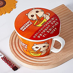 TOPWCK 34oz Large Microwavable Ceramic Ramen Bowl with Lid, Handle, Chopsticks, Cute Anime Japanese Instant Noodle Cooker Soup Bowl, Gift for Teens Kids (Cat)