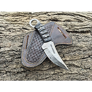 TAC Knives - Bushcraft Survival Knife12T27 Damascus Steel Fixed Blade outdoor Knife- Pakka Wood Handle - Pancake Leather Sheath - Traditional Field Knife for Camping Knife, Fishing, Hunting Knife, Men & Women - EDC Knife to Carry on Belt- (BLACK)
