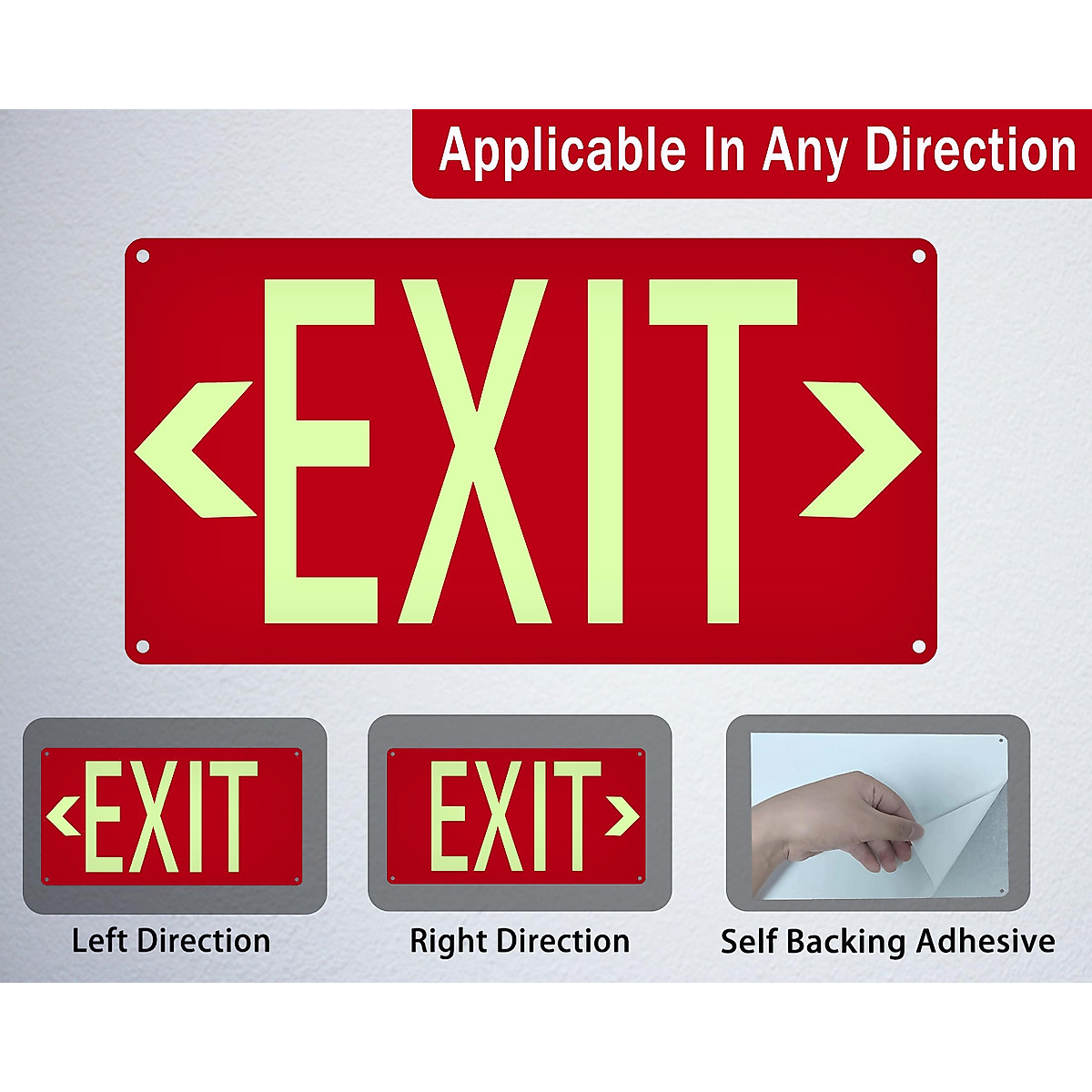 (2 Pack) Photoluminescent Exit Sign Red - with Removable Directional Arrows, With strong self adhesive tape, 14.25 x 7.5 Inches Heavy Duty Aluminum Signs, Fade Resistant