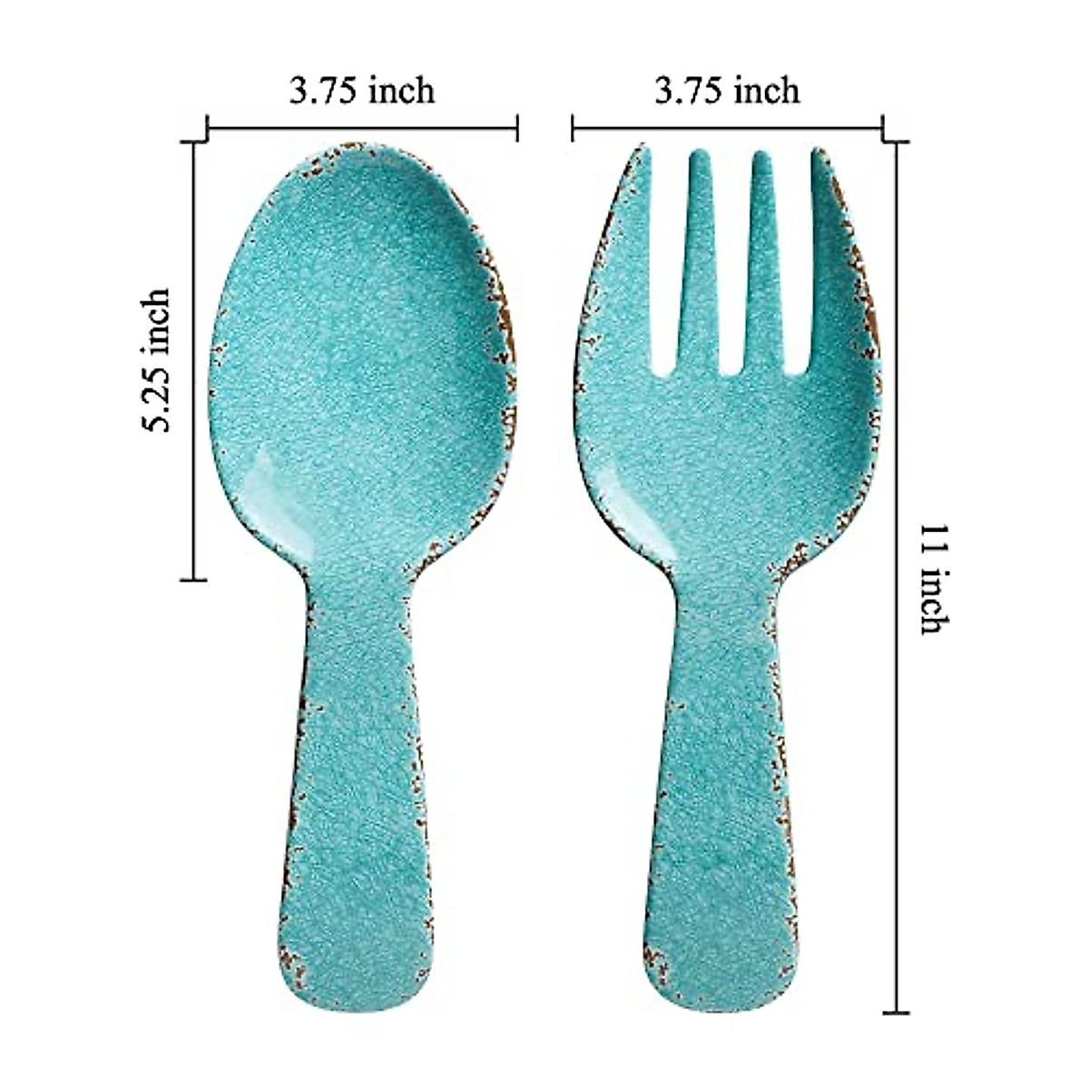 UPware 2-Piece 10.75 Inch Melamine Salad Server Serving Utensil Set Includes Salad Spoon and Salad Fork (Crackle, Turquoise)