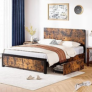 IDEALHOUSE Queen Size Bed Frame with 4 Storage Drawers and Headboard, Rustic Vintage Wood and Metal Bed Frame with Large Storage Space, No Box Spring Needed, Noise Free