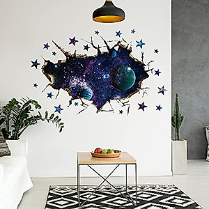 3D Galaxy Blue Cosmic Milky Way Wall Stickers, HOLENGS Outer Space Planets Simulation Crack Hole Wall Decals, Starry Sky Wall Decor for Boys Kids Bedroom Living Room Nursery Wall Decoration