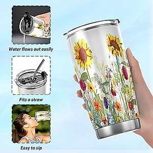 Jihqo Vivid Sunflowers Tumbler with Lid and Straw, Insulated Stainless Steel Tumbler Cup, Double Walled Travel Coffee Mug Thermal Vacuum Cups for Hot & Cold Drinks 12oz