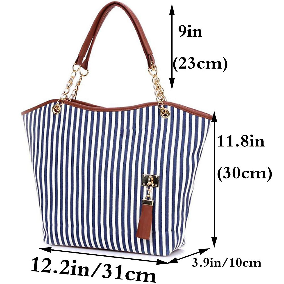 Rullar Women Tassel Canvas Handbag Purse Stripes Tote Fashion Shoulder Bag Large Capacity Satchel(Blue Stripe)