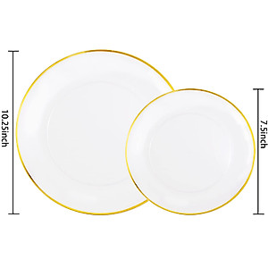 LIYH 60pcs Clear and Gold Plastic Plates Disposable Plates Heavty Duty Includes:30 Dinner Plates 10.25" and 30 Dessert Plates 7.5" Clear Plates with Gold Trim,Wedding Party Plates