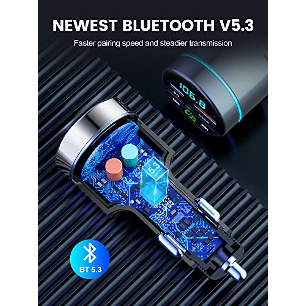 FM Transmitter for Car Bluetooth 5.3, RIWUSI [All-Metal] PD 20W & QC3.0 18W Fast Car Charger, Wireless FM Radio Car Kit Bluetooth Car Adapter, Noise Cancelling Hands-Free Call, Hi-Fi Music, Blue Light