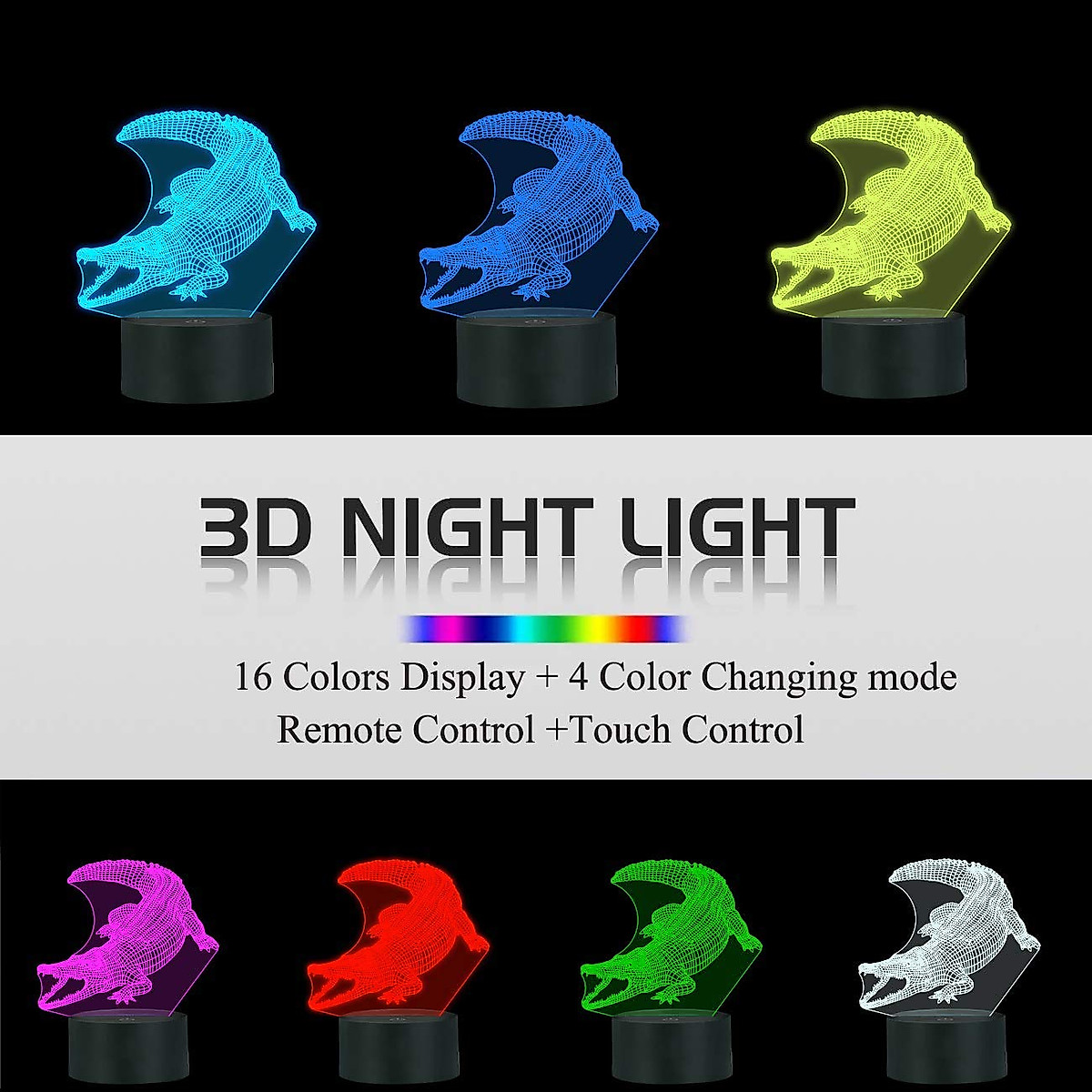 FULLOSUN Crocodile Gifts, 3D Alligator Night Light for Children with Remote Control, Timer, 16 Colors Changeable Christmas Birthday Gifts Suitable for Boys Aged Above 3, 4, 5, 6 +