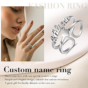 Personalized Name Ring for Women, Custom Adjustable Names Ring with Heart Promise Ring for Her Gift for Women Wife BFF (Silver-3)