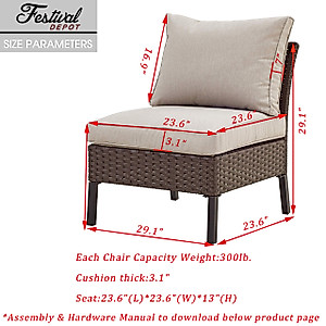 Festival Depot Outdoor Patio Non-Armrest Sofa Armless Chair with Cushions and Metal Frame Wicker Rattan Furniture for Garden Backyard Pool