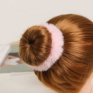 Furling Pompoms Furry Faux Rabbit Fur Hair Scrunchies Artificial Fur Hair Bobbles Elastic Hair Band Rope Wristband Ponytail Accessories Light Pink 2pcs