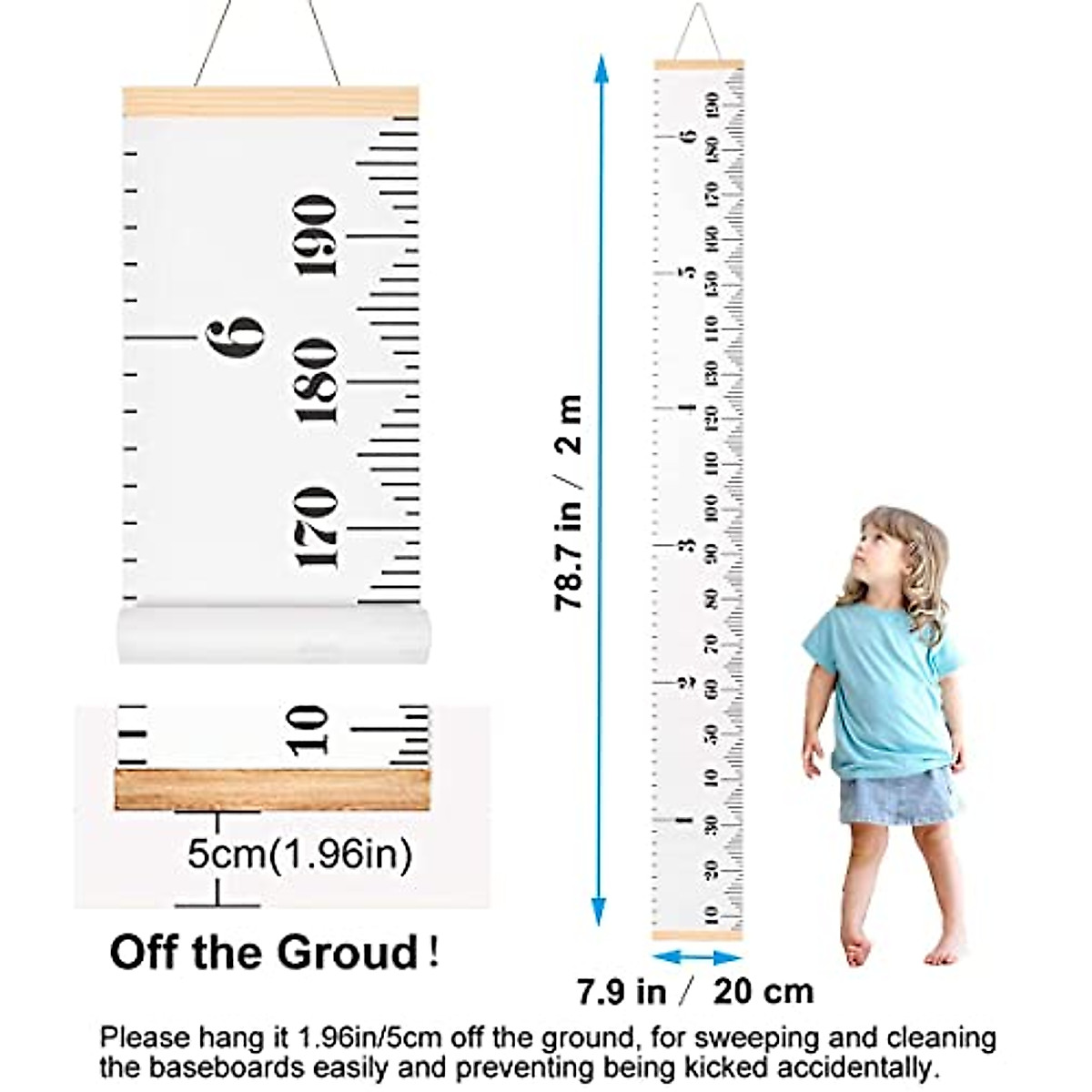 SUJAYU Growth Chart for Kids, Canvas Height Chart Ruler Removable Wood Hanging Wall Ruler Measurement Chart for Home Decoration (White)