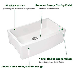 33 White Farmhouse Sink - Sarlai 33 Inch White Kitchen Sink Curved Apron Front Ceramic Porcelain Fireclay Single Bowl Farm Sink Basin