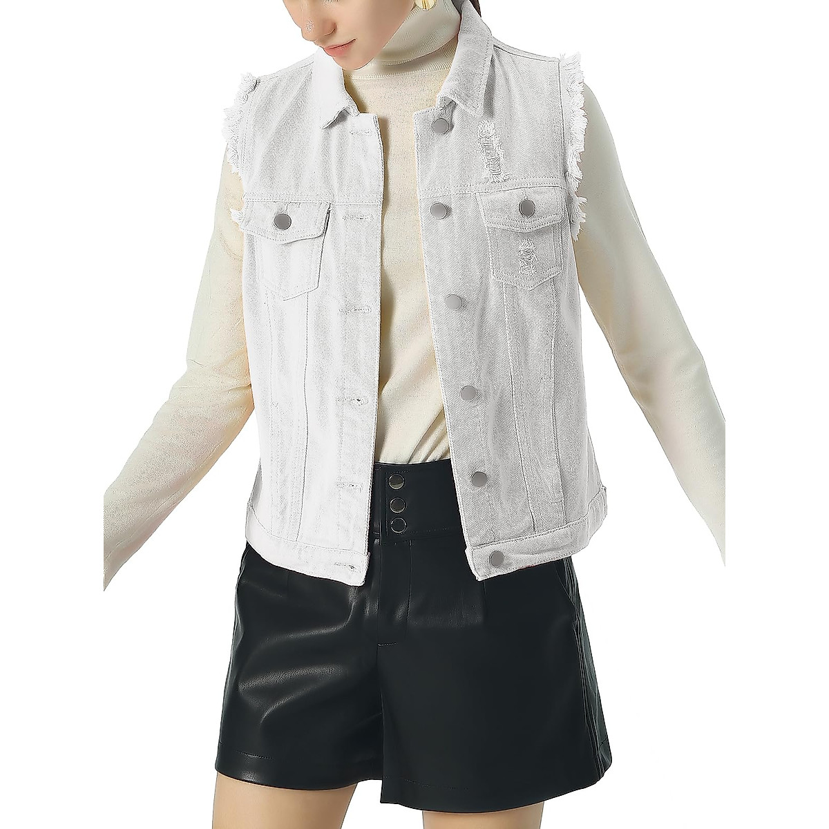 ebossy Women's Candy Color Slim Fit Sleeveless Distressed Denim Jean Vest Jacket (Large, White)