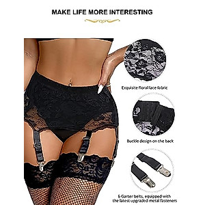 comeondear Lace Garter Belt for Women, High-Waisted Plus Size Garter Belts Set with Black Fishnets Thigh High Stockings and 6 Metal Clip Elastic Suspenders Black M-L
