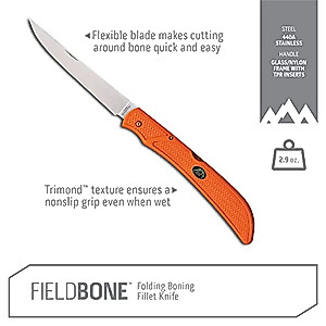 OUTDOOR EDGE Fish & Bone - Folding Fillet Knife with 5.0" 440A Stainless Steel Blade for Fish and processing big game - Pocket Clip (Orange)