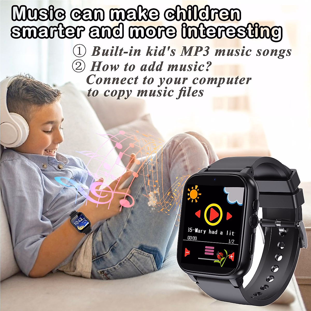 iCHOMKE Smart Watch for Kids, Girls Boys Smartwatch with 26 Games Camera Video Recorder and Player, Pedometer Calendar Flashlight, Audio Book etc.,Toys Gifts for 4-12 Years Children (Black)