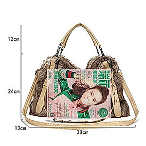 QTMY Brown Faux Fur Tote Crossbody Bag Purse Handbag for Women