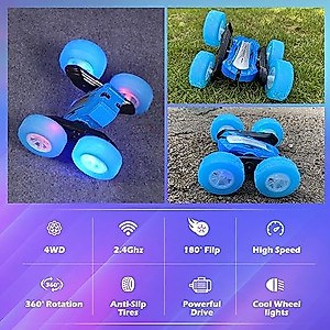 Rodzon Remote Control Car for Boys 3-12 with Wheel Light Headlights RC Car Toy Gift for 4 5 6 7 8 9 Years Old Boy Girl 4WD 2.4Ghz Double Sided Stunt Car 360° Flip Kids Birthday Christmas (Blue)