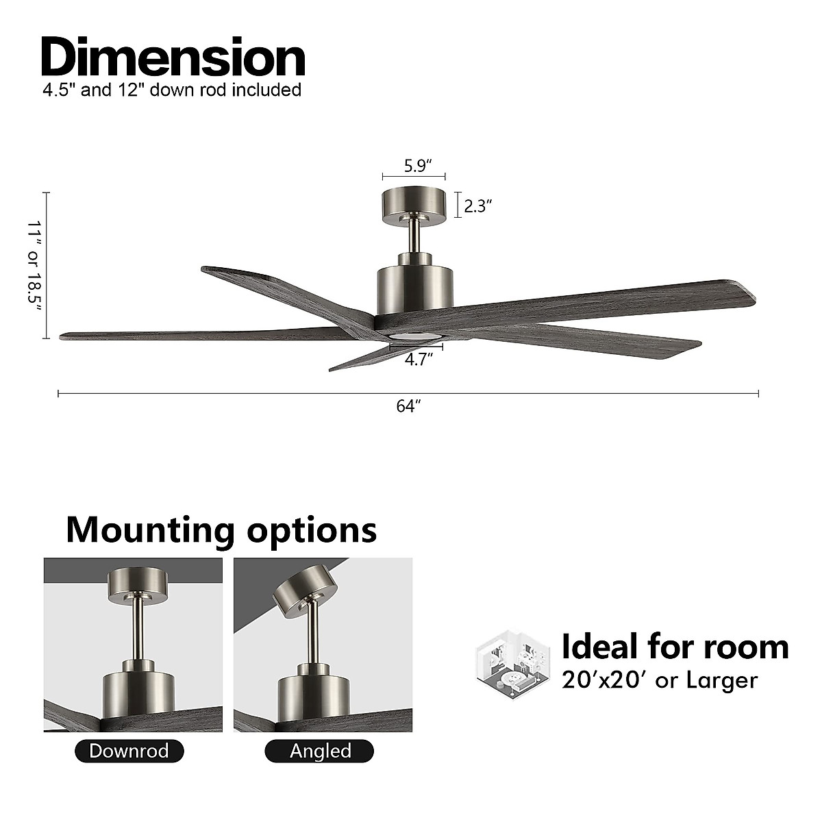 WINGBO 64 Inch DC Ceiling Fan without Lights, 5 Reversible Carved Solid Wood Blades, 6-Speed Noiseless DC Motor, Ceiling Fan No Light with Remote, Brushed Nickel Finish with Gray Blades, ETL Listed