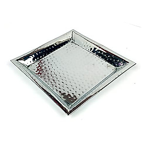 Hammered Copper Serving Tray and Platter, Stainless Steel Tray for Appetizer, Silver Serving Tray - Chrome Platters (Square)