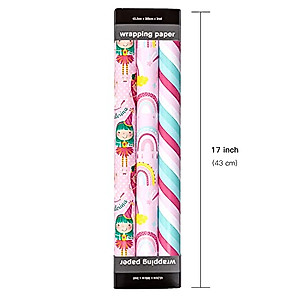 LeZakaa Birthday Wrapping Paper Roll - Mini Roll - Mermaid/Rainbow/Stripe Design for Girls, Kids, Women - 17 x 120 inches, 3 Rolls (42.5 sq.ft.ttl.)