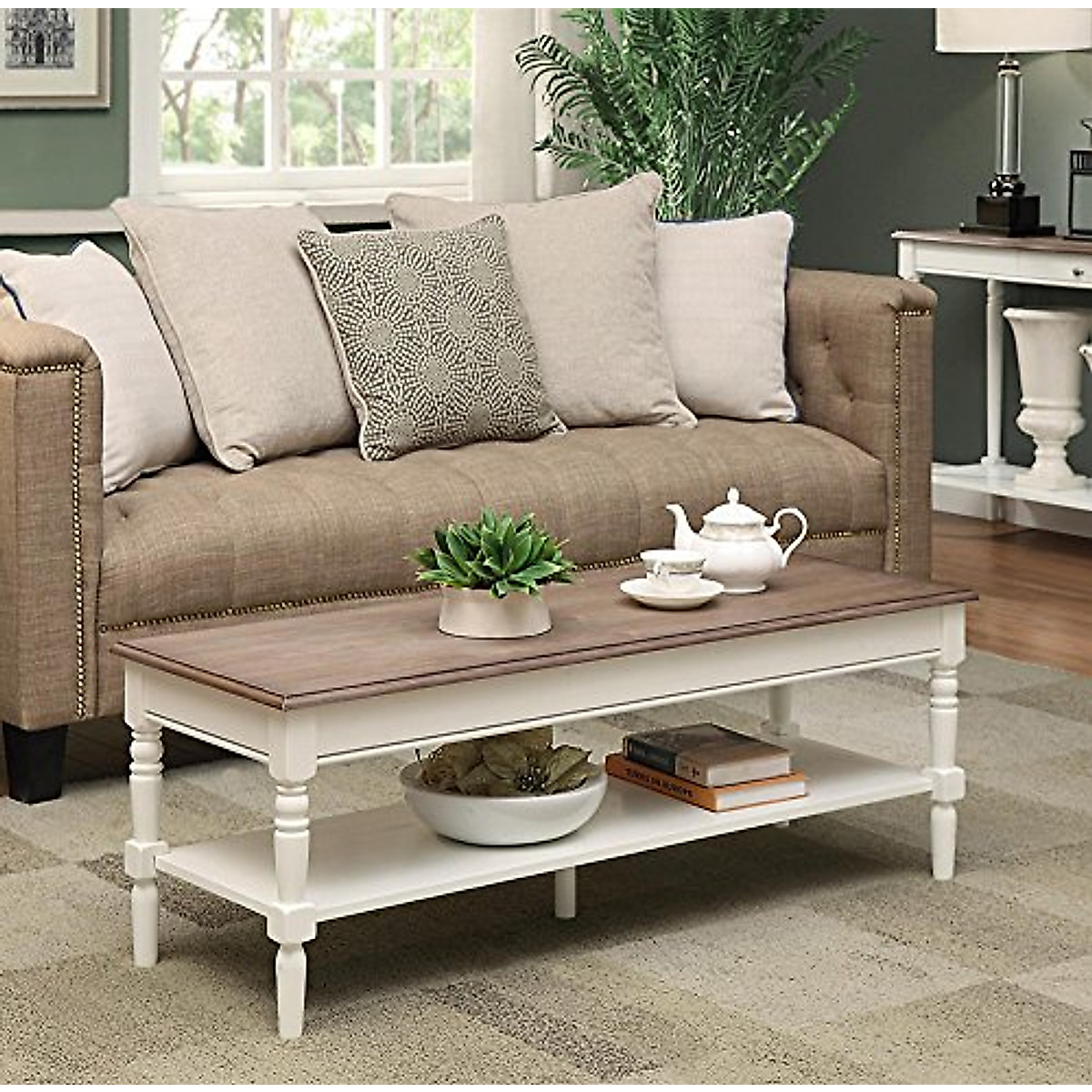 Convenience Concepts French Country Coffee Table with Shelf, Driftwood/White