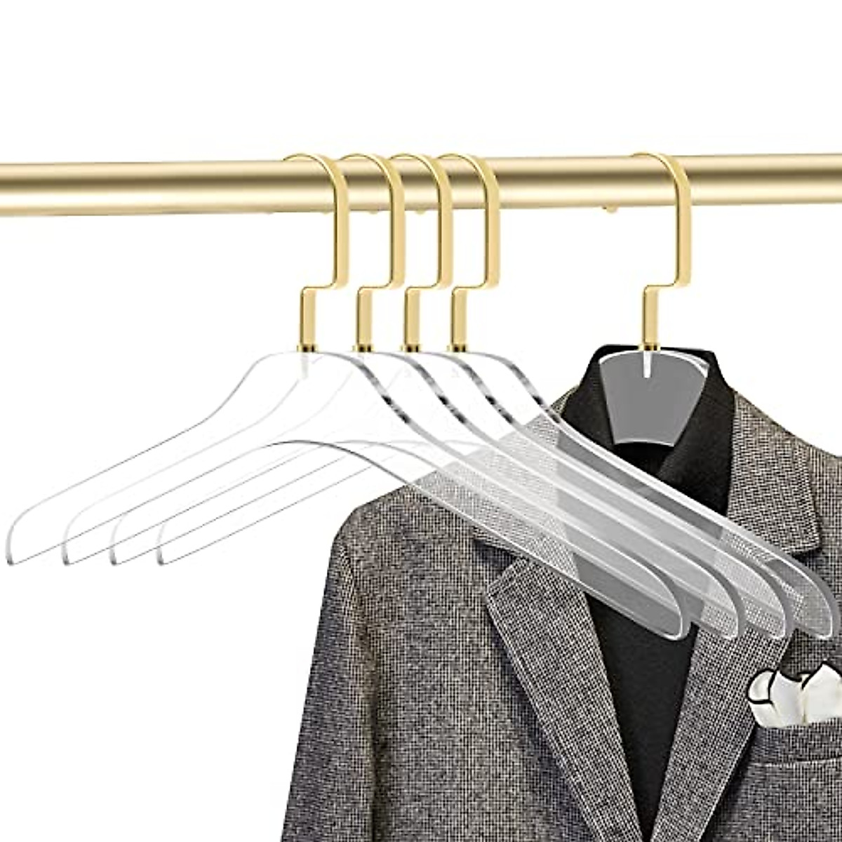 Quality Clear Acrylic Lucite Coat Suit Hangers, Stylish Clothes Hanger with Silver Hook - Coat Hanger for Dress, Suit - Adult Closet Organizer Hangers Matte Gold, 5 Pcs