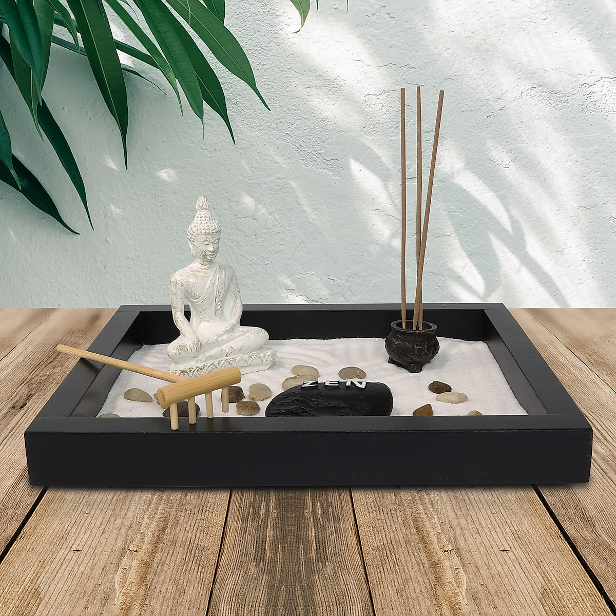 Japanese Mini Zen Garden Sand Box Kit with Incense Holder and White Miniature Buddha Statue - Zen Decor for Relaxation and Meditation - Home Decor, Office Accessory, Gift Set