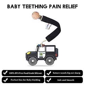 AmazingM Baby Food Grade Silicone Car Teether Toy with Pacifier clip Holder,Teething Pain Relief Toys Gift Set for 3 Months+ Boys and Girls,Freezer Safe,BPA Free (Police Car, Black)