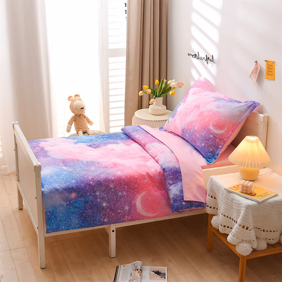 A Nice Night Galaxy Space Planet with Star Glitter Toddler Bedding Set,Includes Comforter, Flat Sheet, Fitted Sheet and Pillowcase,Pink