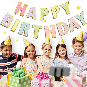 Happy Birthday Banner, Pre-Strung Happy Birthday Sign, Macaron Birthday Banner, Pastel Birthday Party Decorations, Birthday Decorations for Girls, Women, Baby Shower, Birthday Party Supplies(No DIY)