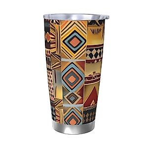 NHJKLWQSZ African Textile Patchwork 20oz Stainless Steel Tumbler With Lid And Straw, Double Wall Vacuum Insulated Coffee Mug Travel Cups Leak-Proof Lid For Hot And Cold Drinks, Metal Straws And Brush
