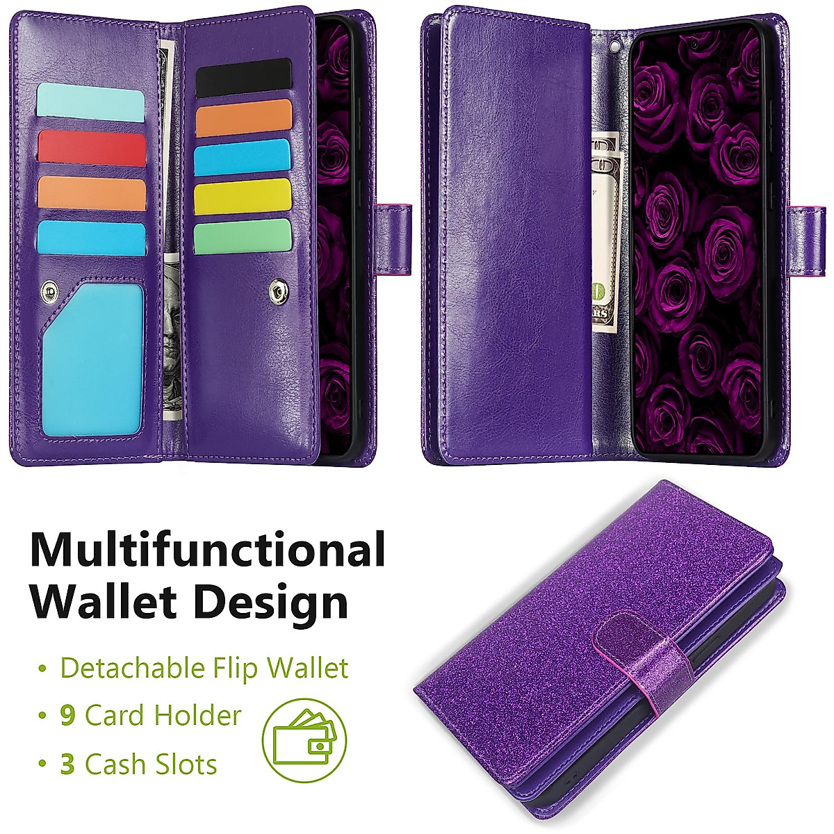 Varikke Compatible with Samsung Galaxy A14 5G Case, Detachable Magnetic Wallet Case with Card Holder, Kickstand, Wrist Strap, Glitter PU Leather Flip Phone Cover for Women Men, 6.6 Inch, Dark Purple