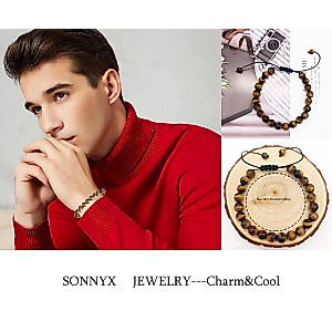 SONNYX 10PCS 8mm Semi-Precious Gemstone Bracelets Set Natural Stone Bracelets for Women Men Round Beaded Adjustable Stretch Crystal Bracelets