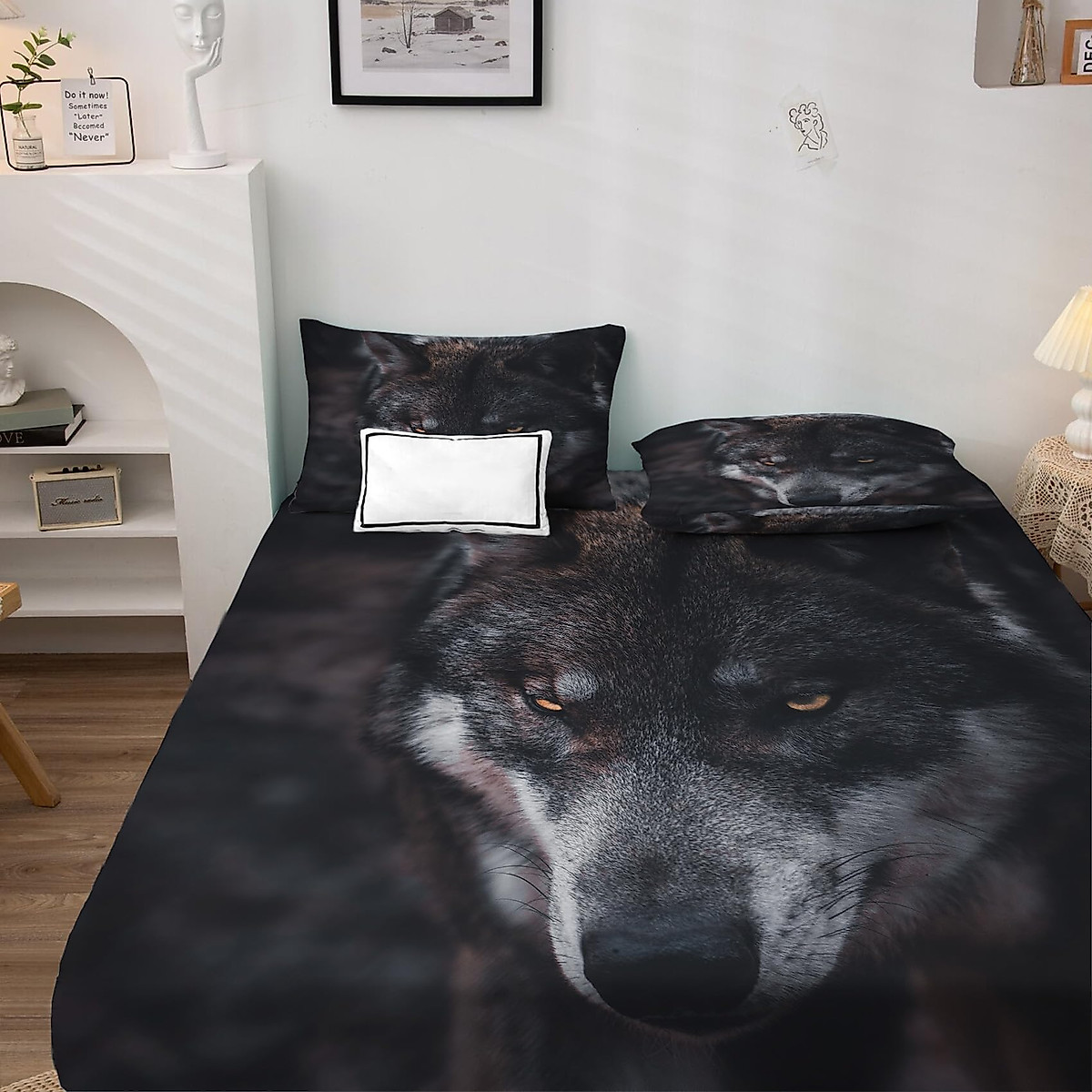 Wolf Sheets Twin Size, Wolves Animal Bed Sheets, Patterned Bedding Sheets & Pillowcases 3 Piece Set - Soft Microfiber Deep Pocket Fitted Sheet & Flat Sheet & Pillow Case K6-&-254