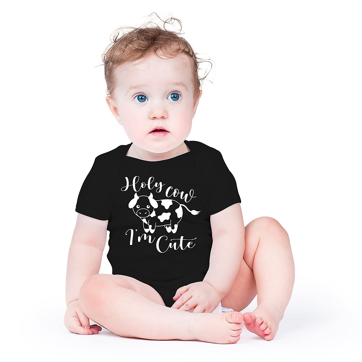 AW Fashions Holy Cow I'm Cute Bodysuit Funny Baby Announcement Girl Clothes Cute Newborn Boy Outfits (Newborn, Black)