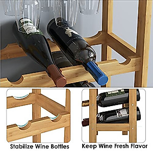 FOTOSOK Bamboo Floor Wine Rack, Freestanding Wine Bottle Organizer Shelves with Glass Holder Rack,16 Bottles, Wobble-Free Wine Display Storage Stand with Table Top for Kitchen Bar Dining Room, Natural