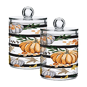 Kigai Pumpkin Stripe Qtip Holder Set of 4 - 14OZ Clear Plastic Apothecary Jars with Lids Bathroom Container Organizer Dispenser for Cotton Ball, Cotton Swab, Candy, Floss, Spices