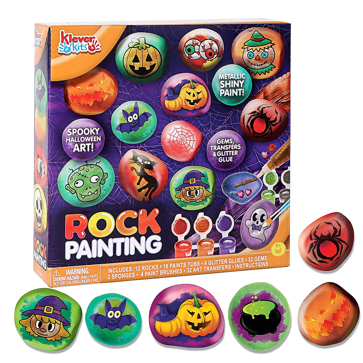 Klever Kits 12 Halloween Rock Painting Kit for Kids, Creativity Arts Crafts DIY Supplies Kit with 18 Paint Tubs, Decorate Your Own for Kids Painting Gifts, Family Activity, Birthday Present, Halloween