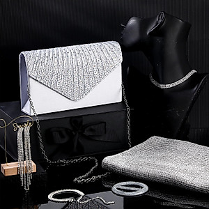 5 Pcs Women Accessories Including Shawls and Wraps, Evening Bag Clutch Purses, Rhinestone Jewelry Sets for Wedding Bridal (Silver)