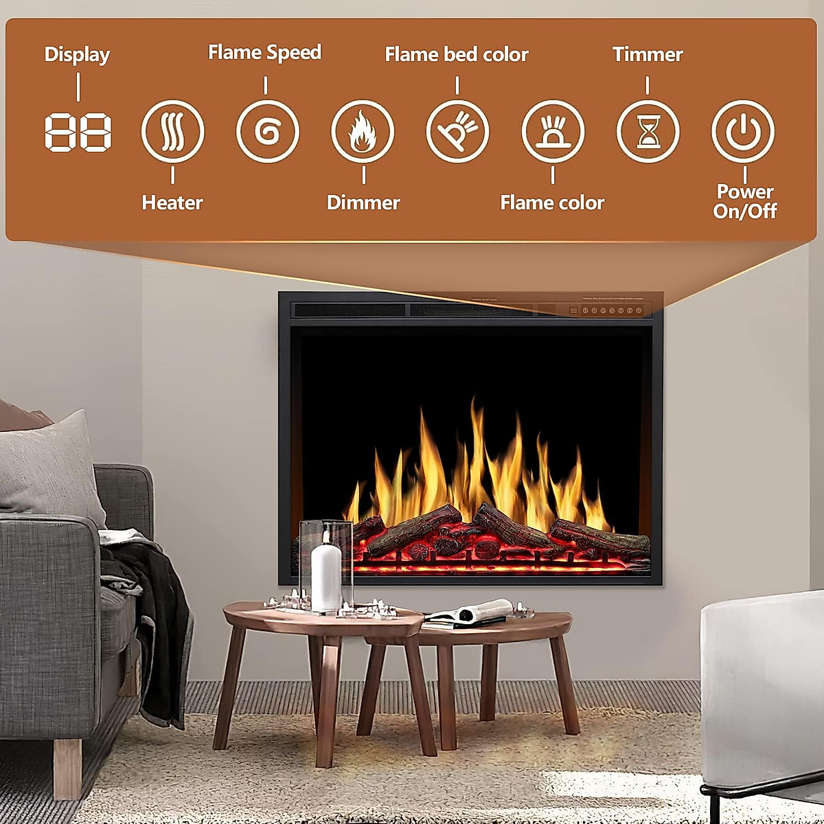 Havato 37 inch Electric Fireplace Inserts, Recessed Electric Stove Heater with Adjuatble Flame Colors, Log Colors, Flame Speed and Brightness, Remote Control & Time,750W/1500W