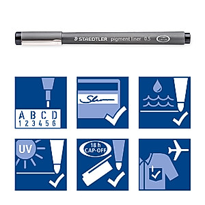 STAEDTLER Pigment Liner Pack, Black, 8 Pens, Assorted Line Widths, 0.05mm, 0.1mm, 0.2mm, 0.3mm, 0.5mm, 0.8mm, 1.0mm, 1.2mm