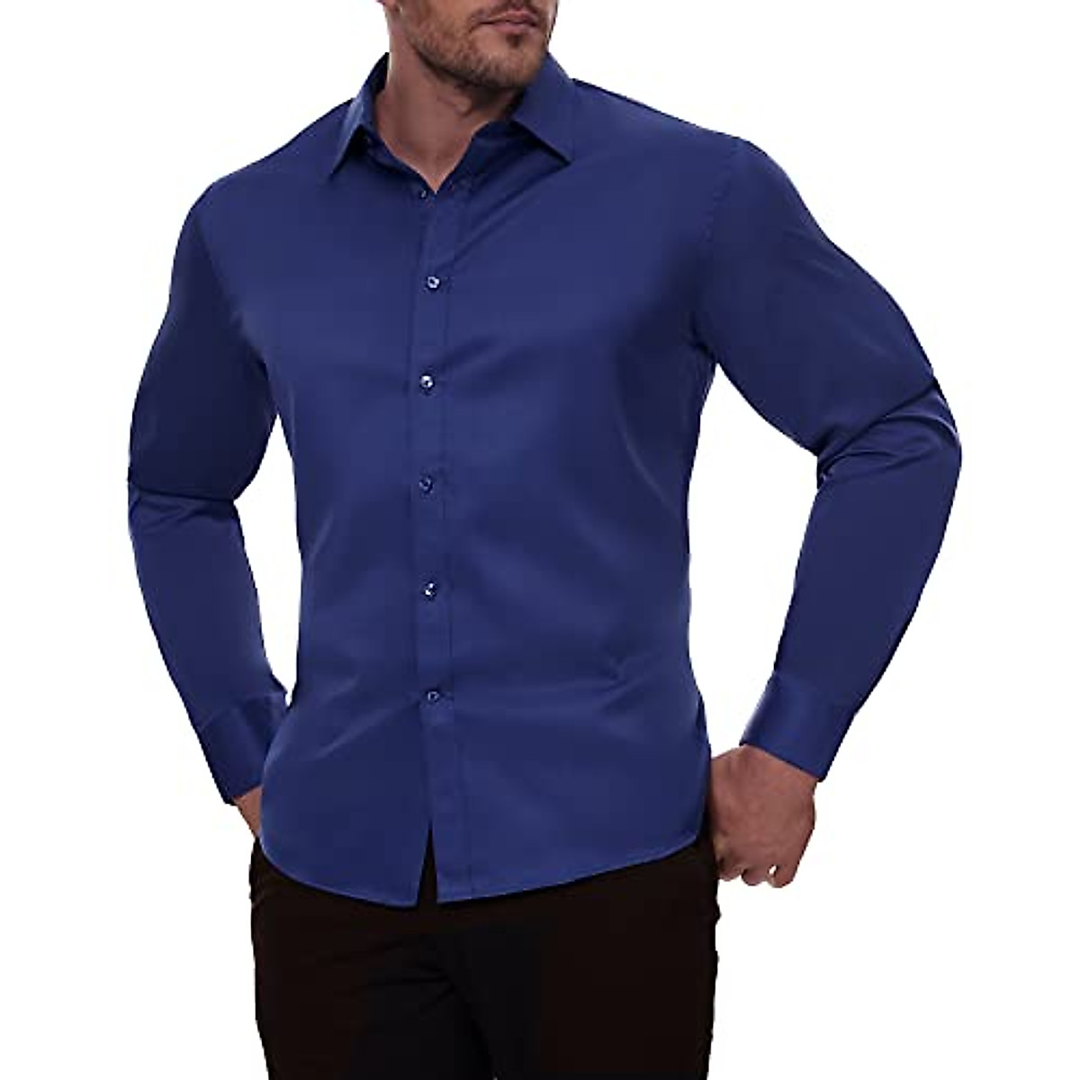 Alimens & Gentle Men's Dress Shirts Transitional Weather Long Sleeve Stretch Wrinkle-Free Button Down Navy
