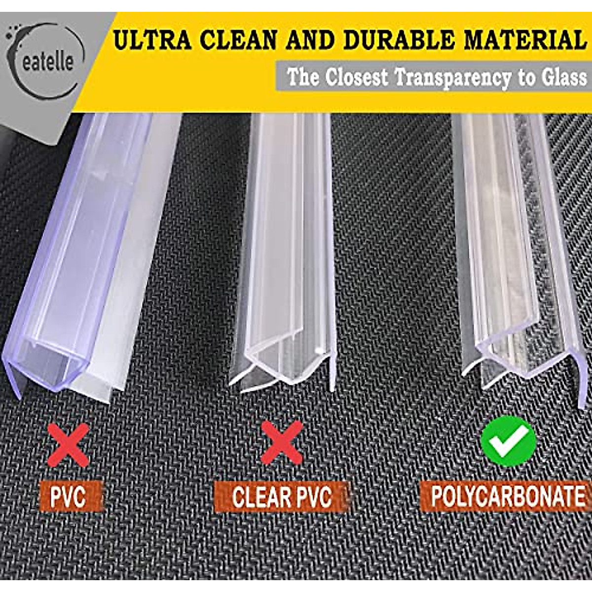 eatelle Frameless Ultra Clear Shower Door Bottom Seal with Drip Rail - 3/8" (10mm) Thick, 36" Long Sweep - Glass Door Seal Strip Ultra Clear Durable Polycarbonate Stop Shower Leaks