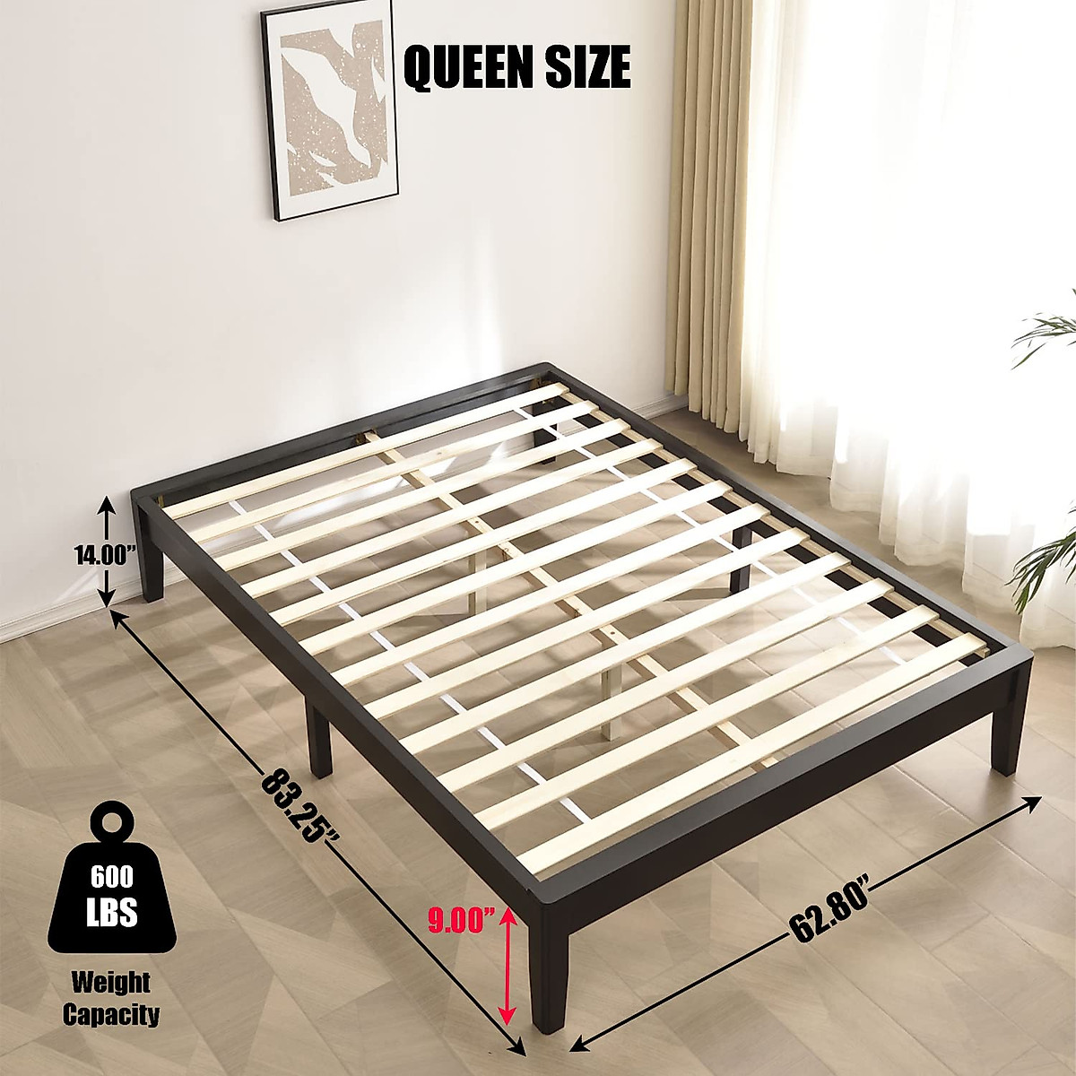 Better Home Products Stella Solid Pine Wood Queen Platform Bed Frame in Black